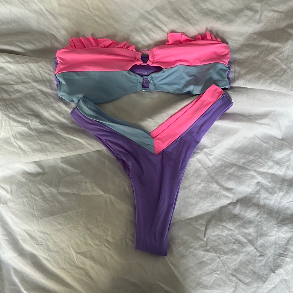 One One Swim Colorful Bandeau Bikini V Cut Bottoms - Gem